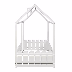Merax Twin Size House Bed Frames Platform Bed with Fence for Boys or Girls, Box Spring Needed(Slats Kit Not Included), White