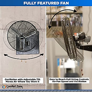 Comfort Zone CZHVW30EX 30” 2-Speed Oscillating High Velocity Industrial Wall Fan, All-Metal Construction, Adjustable Tilt, Steel Mounting Bracket with Adjustable Angle, Aluminum Blades, Black