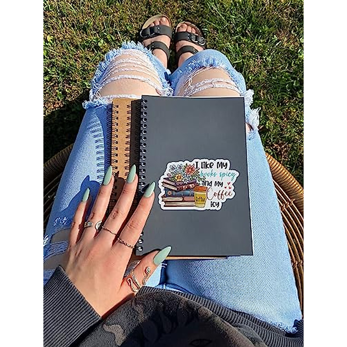 Miraki I Like My Books Spicy And Coffee Icy Sticker, Book Lover Sticker, Reading Sticker, Bookish Sticker, Water Assitant Die-Cut Vinyl Funny Decals for Laptop, Phone, Water Bottles, Kindle Sticker