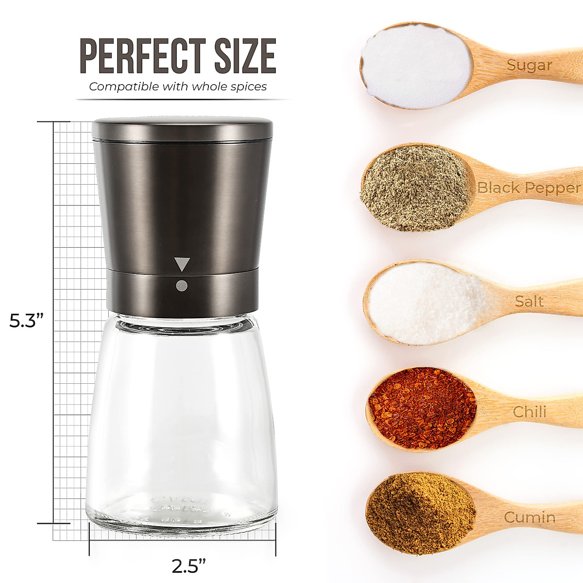 Pepper Grinder or Salt Shaker for Professional Chef - Best Spice Mill with Brushed Stainless Steel, Special Mark, Ceramic Blades, and Adjustable Coarseness (Dark Bronze)