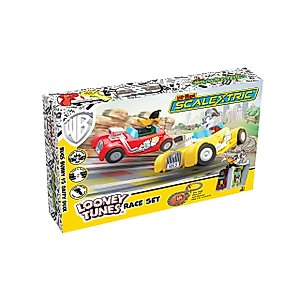 Scalextric Micro Scalextric My First Looney Tunes Bugs Bunny vs Daffy Duck Battery Powered 1:64 Slot Car Race Track Set G1141T, Yellow & Red