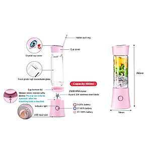 Portable Blender, Smoothie Blender with 16oz Travel Glass Cup and Lid 4000mAh Battery Strong Power Personal Size Blender USB Rechargeable Mini Juicer Cup Travel Blender for with Ice Tray (Pink)