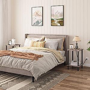 HOOBRO Side Table with Charging Station, End Table with USB Ports and Outlet, Nightstand with 2-Layer Storage Shelves for Small Spaces, Living Room, Bedroom, Stable Frame, Greige and Black BG09UBZ01