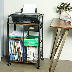 JKsmart Printer Stand with Storage Drawer, 4-Shelf Rolling Printer Cart with Wheels, Mobile Printer Table with Adjustable Shelf for Home Office (Brown & Black)
