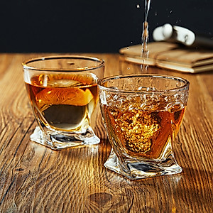 ACOOKEE Bourbon Whiskey Rocks Glasses Gift Set of 4 (2 Glasses+2 Round Large Ice Ball Maker Mold)- 11 Oz Old Fashioned Glass Whisky Gifts for Men, Dad, Brother