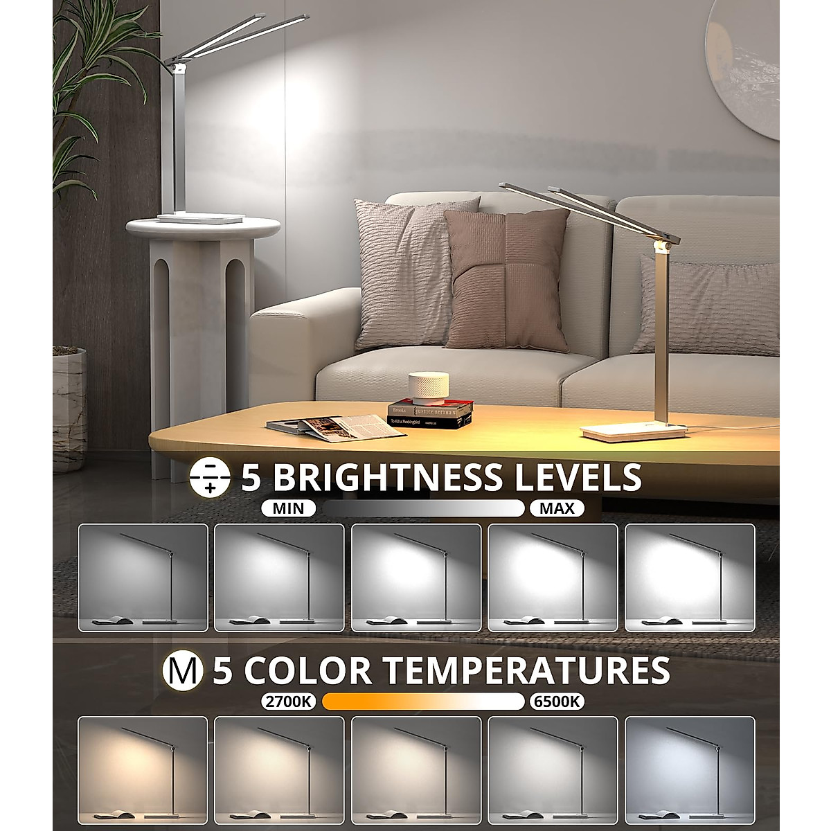 HSicily LED Desk Lamp with Wireless Charger, Double Head Desk Lamps for Home Office, Bright Desk Lamp with USB Charging Port for College Dorm Room, 5 Light Modes Desk Light with Timer, Night Light