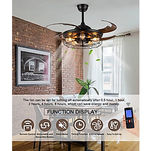 APBEAMLighting 48 Inches Retractable Ceiling Fan Industrial Caged Ceiling Fan Reversible Blades Black Farmhouse Ceiling Fan with Lights and Remote Control for Living Dining Room