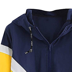 Fheaven Women Casual Long Sleeve Zipper Color Block Patchwork Slim Fit Hooded Sport Coat Yellow