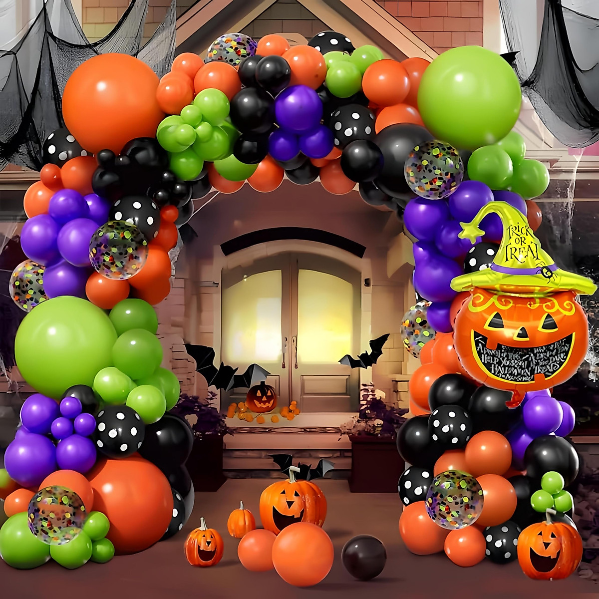 Halloween Balloon Arch Garland Kit,Halloween Balloons with Black Orange Green Purple Confetti Balloon Arch Kit with Pumpkin Balloons for Halloween Party Decoration……