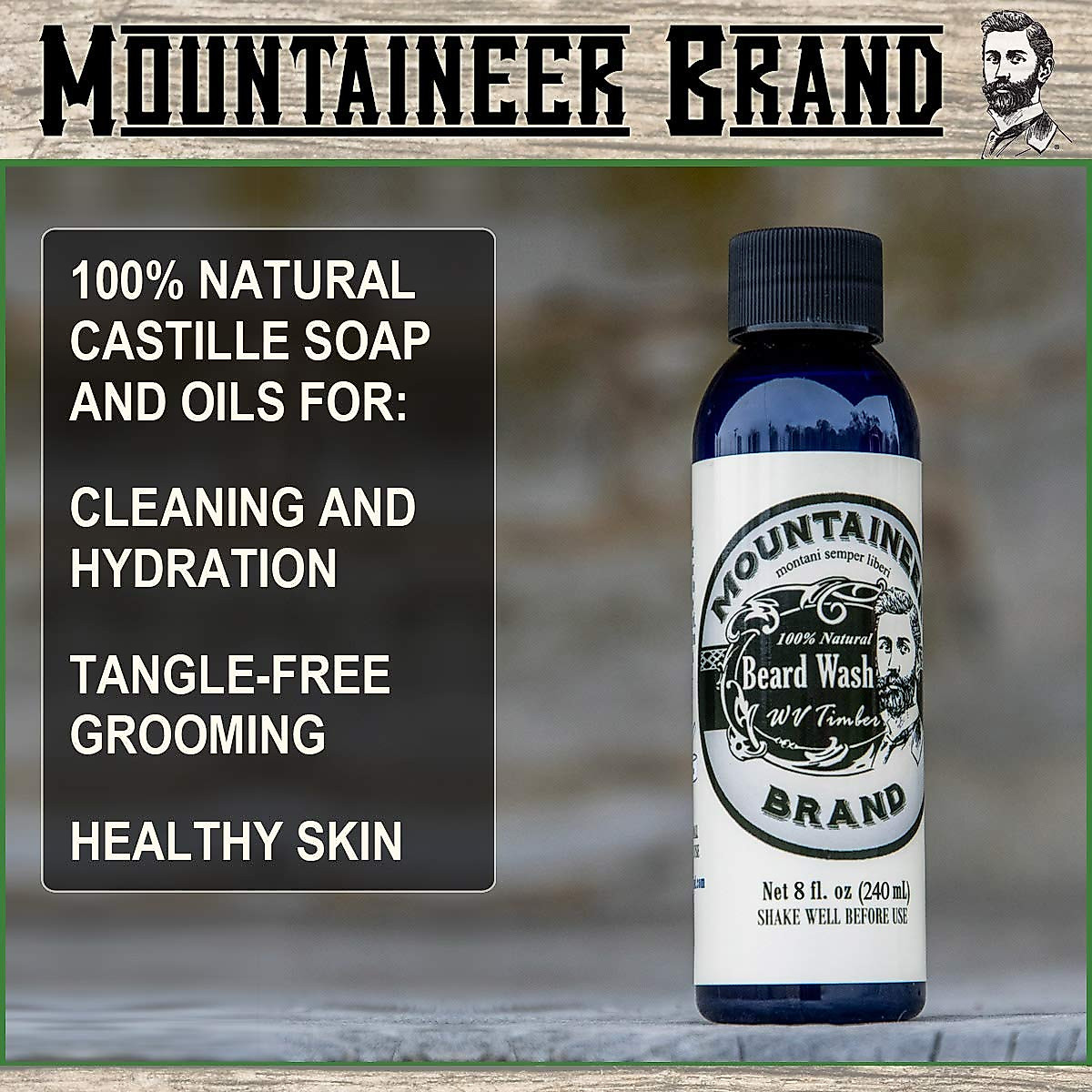 Mountaineer Brand Beard Wash For Men | 100% Natural Beard Shampoo | Thick Cleaning Softening Lather for Hair and Skin | Hydrate and Detangle | Grooming Treatment | WV Pine Tar Scent 4oz