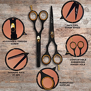 Jecudi Professional Hair Cutting Scissors Set - Handmade Japanese Stainless Steel, Includes Barber Scissors, Hair Shears, Tweezers, Razor, 10 Blades, Comb, 2 Hair Clips & Cleaning Cloth.