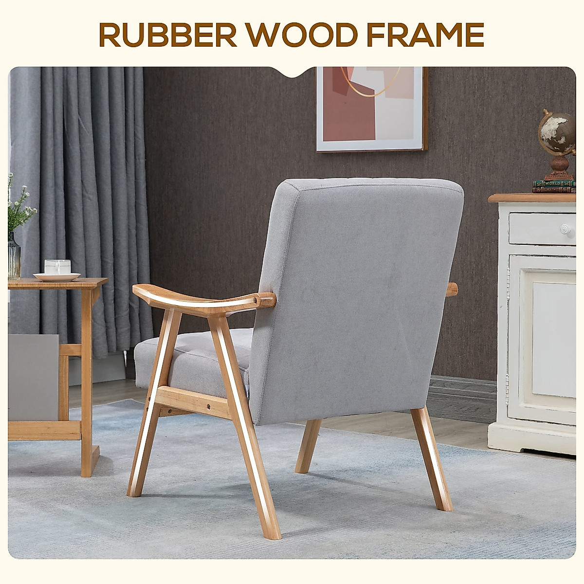 HOMCOM Mid-Century Modern Accent Chair, Upholstered Arm Chair for Living Room, Comfy Chair for Bedroom with Wood Legs, Gray