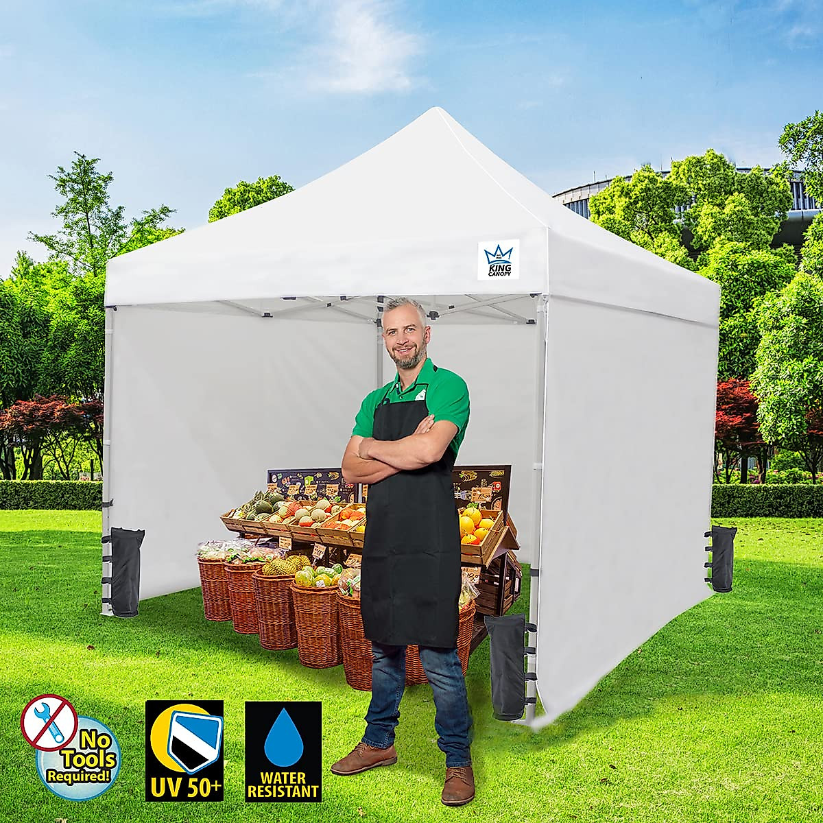 King Canopy Ares 10-Feet by 10-Feet Commercial Instant Pop up w/ 3 Solid Sides,1 Zippered Door,Weight Bags,Guy Rope, Stakes,1 1/2 Inch Hexagon Leg w/Hammertone Finish,White Cover