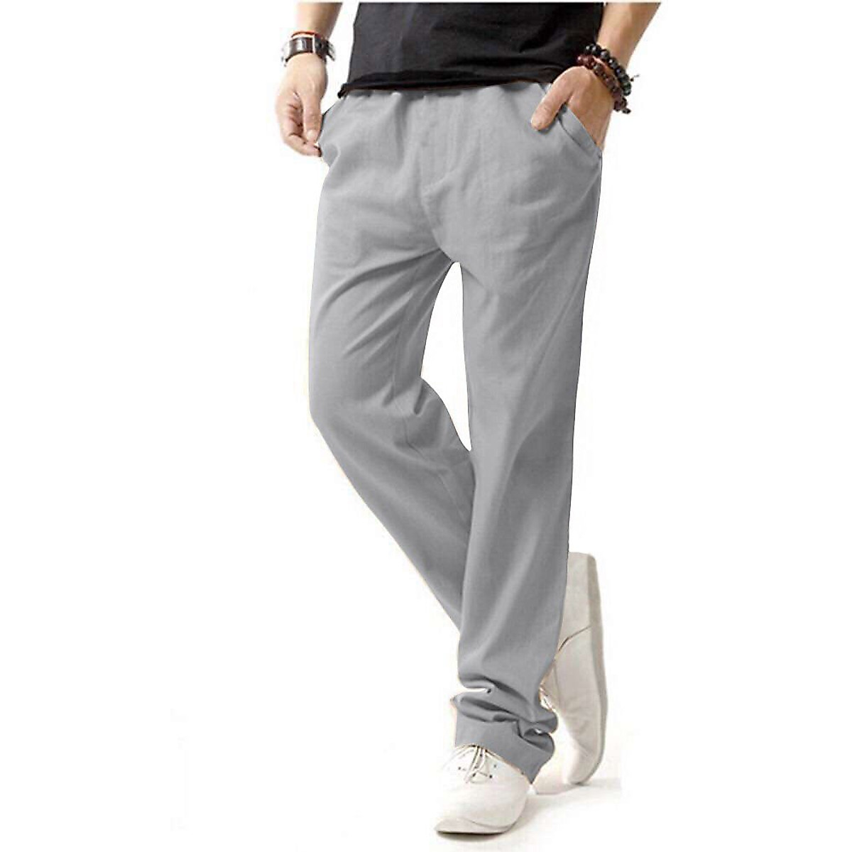 Hoerev Men Casual Beach Trousers Linen Jean Jacket Summer Pants,Grey,L