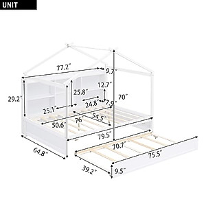 DEYOBED Full Size House Bed with Storage Shelves and Twin Size Trundle, Wooden Full Playhouse Bed, Canopy Bed, House Shape Bed Frame for Kids Boys Girls, No Box Spring Needed, Brushed White