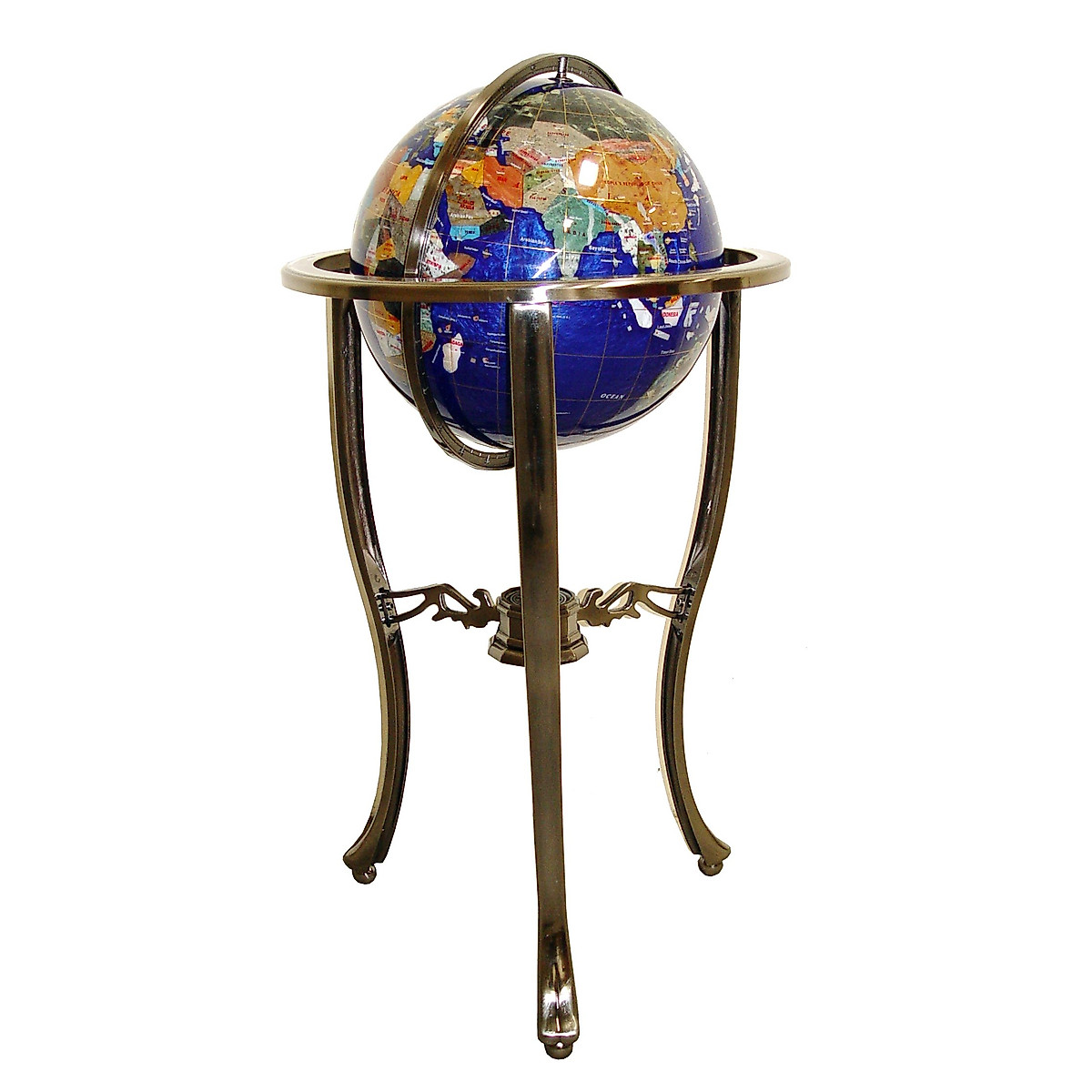 Unique Art Since 1996 Brand 37" Tall Bahama Blue Pearl Swirl Ocean Floor Standing Gemstone World Globe with Tripod Silver Stand and 50 US State Stones
