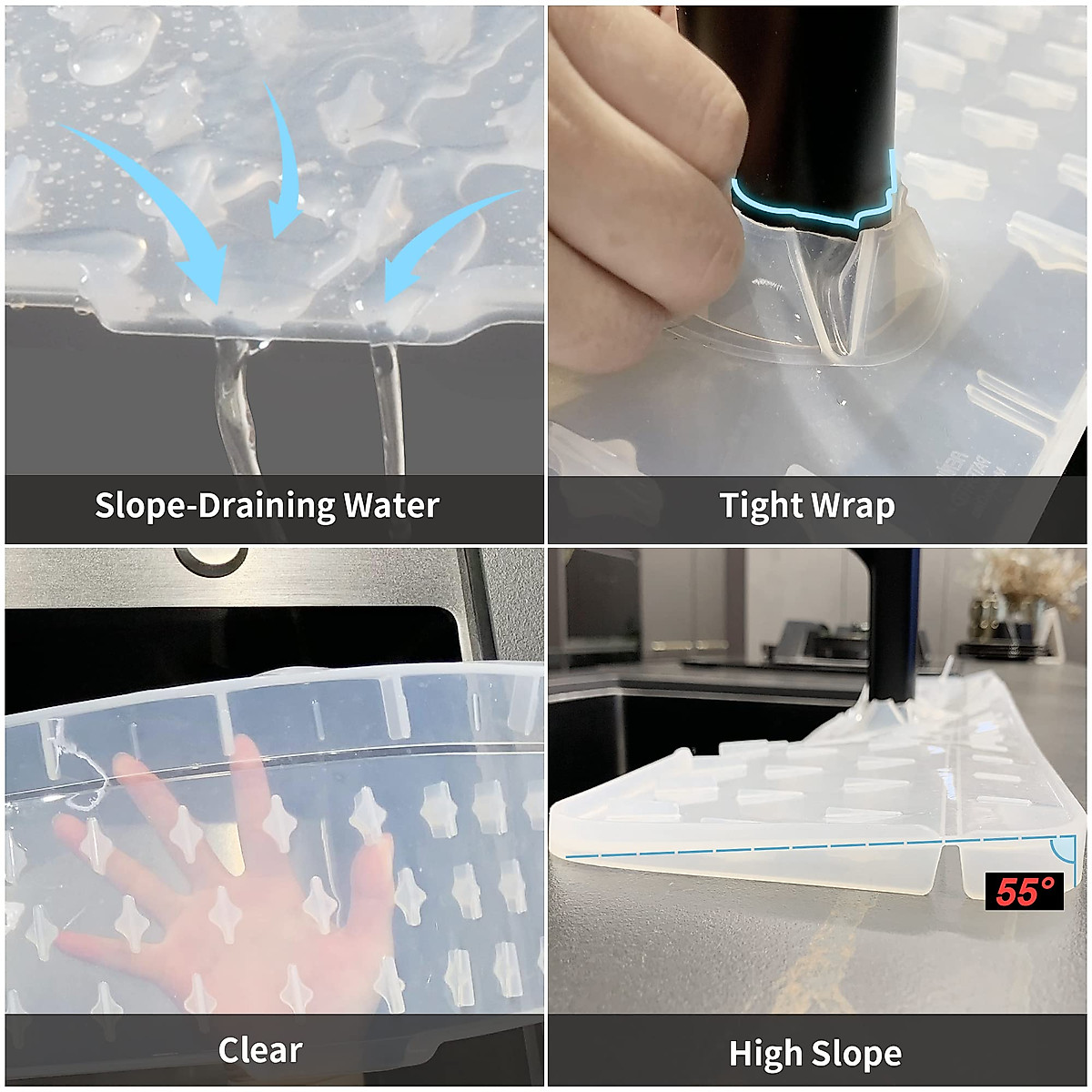 Gosmol Kitchen Faucet Sink Splash Guard Silicone Faucet Mat, XXL 30 inch Faucet Handle Drip Catcher Tray, Deflector Under The Faucet, Self Draining Slopes Design Keep Kitchen Bathroom Drying - Clear