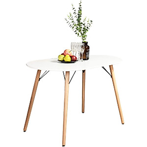 FurnitureR 47.2 Inch Dining Table Minimalist Style Oval Side Desk with Beech Wood Square Legs for Home Kitchen Living Room Corner Small Spaces, White