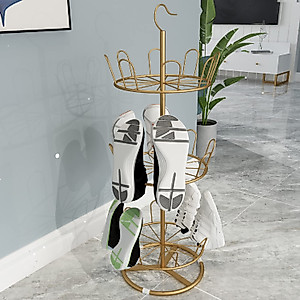 OLDRAINBOW Revolving Shoe Rack Iron Shoe Tree Rack,Standing Circular Shoe Rack Rotating Shoe Rack,Spinning Round Shoe Organizer Rack (Gold, 3-Layer)
