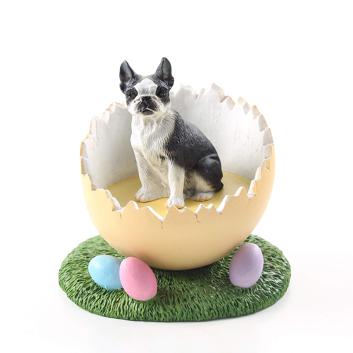 Conversation Concepts Easter Egg Boston Terrier Figurine – Easter Statue Gift: Realistic Hand Painted Sculpture, Nursery, Home Office Desk Decor, Spring Shower Present
