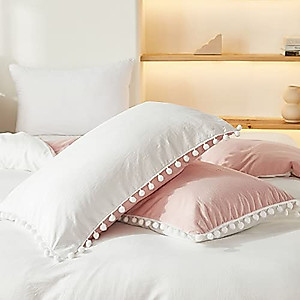 Bedbay Queen Duvet Cover Set Pink Bedding for Teen Girls Aesthetic Bedding Set Ball Pom Fringe Design 3pcs Ultra Soft Microfiber Duvet Cover Set(White&Pink,Queen)