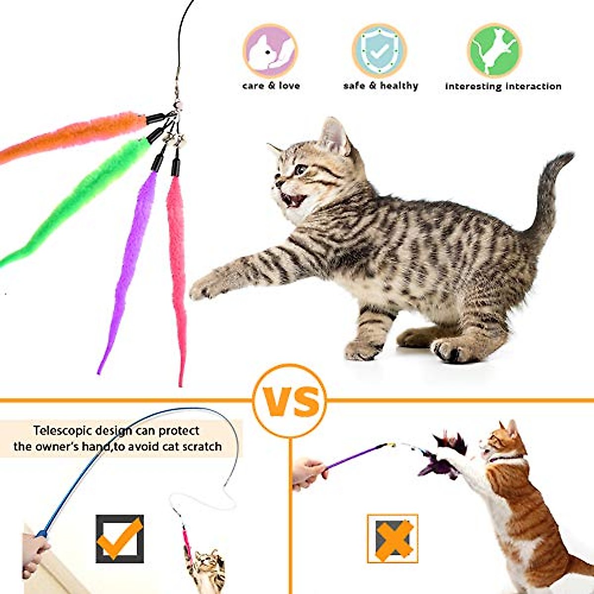 Retractable Cat Wand, Interactive Catcher Teaser Cat Toy 3-Section Teaser Cat Wand Fishing Pole Toy Exerciser for Cat and Kitten (Not Include Replacement)
