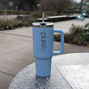 PURELY 40 oz Ceramic Lined Insulated Tumbler with Handle, Leak Resistant 2-way Lid and Straw, Ceramic Lined Travel Mug (Blue, 40oz)