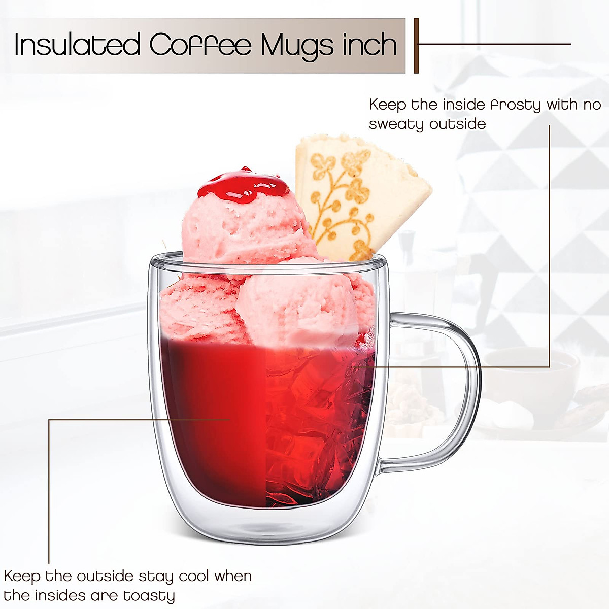 Gerrii 8 Pack 13.5 oz Double Walled Glass Coffee Mugs with Handle, Clear Glass Coffee Mugs Insulated Layer Coffee Cups Espresso Mug Cups for Cafe Latte Cappuccino Tea