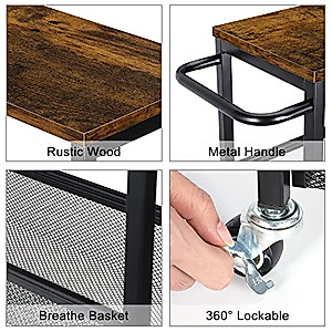 4 Tier Slim Rolling Cart, Narrow Shelf Storage Cart for Small Space, Slide Out Narrow Cart with Wooden Top, Metal Handle and Wire Mesh for Narrow Space on Kitchen, Bathroom, Laundry Room, Black.