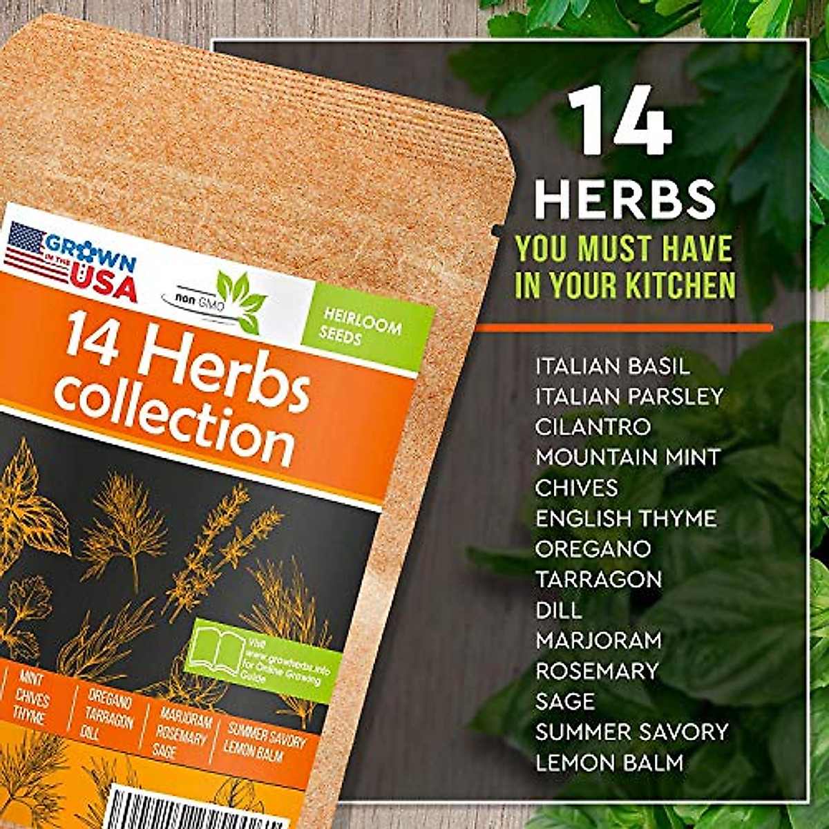 14 Culinary Herb Seeds Pack - Heirloom and Non GMO, Grown in USA - Indoor or Outdoor Garden - Basil, Parsley, Dill, Cilantro, Rosemary, Mint, Thyme, Oregano, Marjoram, Tarragon, Chives, Sage & More