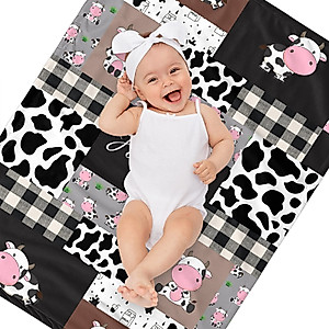 Munific Personalized Cow Print Baby Blanket with Name - Custom Boy's Girl's Cartoon Cute Cow Milk Nursery Theme - Toddler Minky Blankets - Personalized Name Plaid Quilt Style Blanket