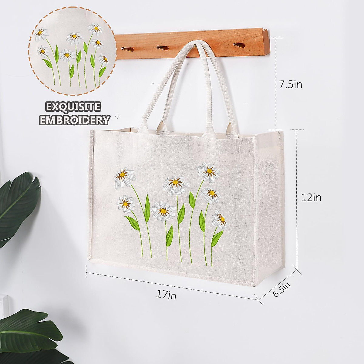 LEADO Floral Canvas Tote Bag for Women, Cute Tote Bags, Daisy Flower Bag for Shopping, Reusable Grocery Bags - Tote Bag Aesthetic, Daisy Gifts, Mothers Day, Birthday Gifts for Women