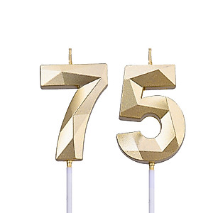 2 inch Gold 75 & 57 Birthday Candles, 3D Diamond Number 75th & 57th Cake Topper for Men Women Birthday Party Decorations Theme Party