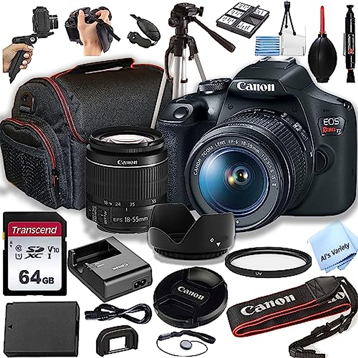Canon EOS Rebel T7 DSLR Camera w/EF-S 18-55mm F/3.5-5.6 Zoom Lens + 64GB Memory Card, Case, Hood, Tripod, Grip-Pod, Filter, Professional Photo Bundle(24pc) (Renewed)