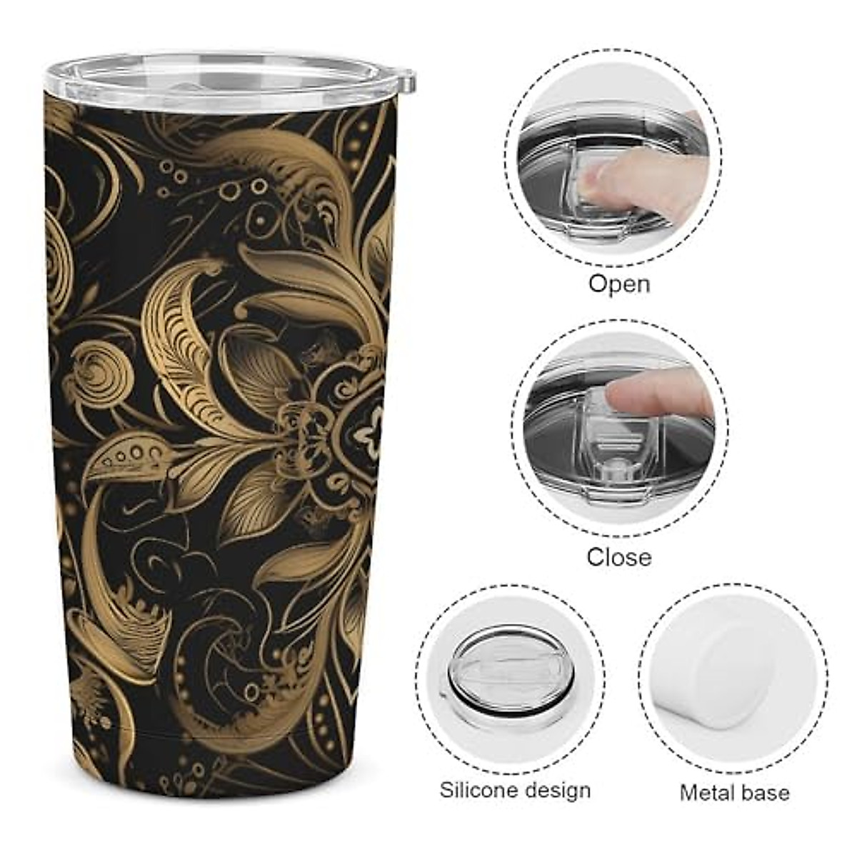 FHENMSA Stainless Steel Insulated Travel Coffee Mug,Black And Golden Pattern Print Reusable Car Cup,Thermal Cup for Outdoor with Straw And Lid