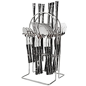 Snplowum 24-Piece Hanging Silverware Set With A Cutlery Rack, Mirror Stainless Steel Flatware With Imitation Marble Wooden Handle Service For 6, Black Silver