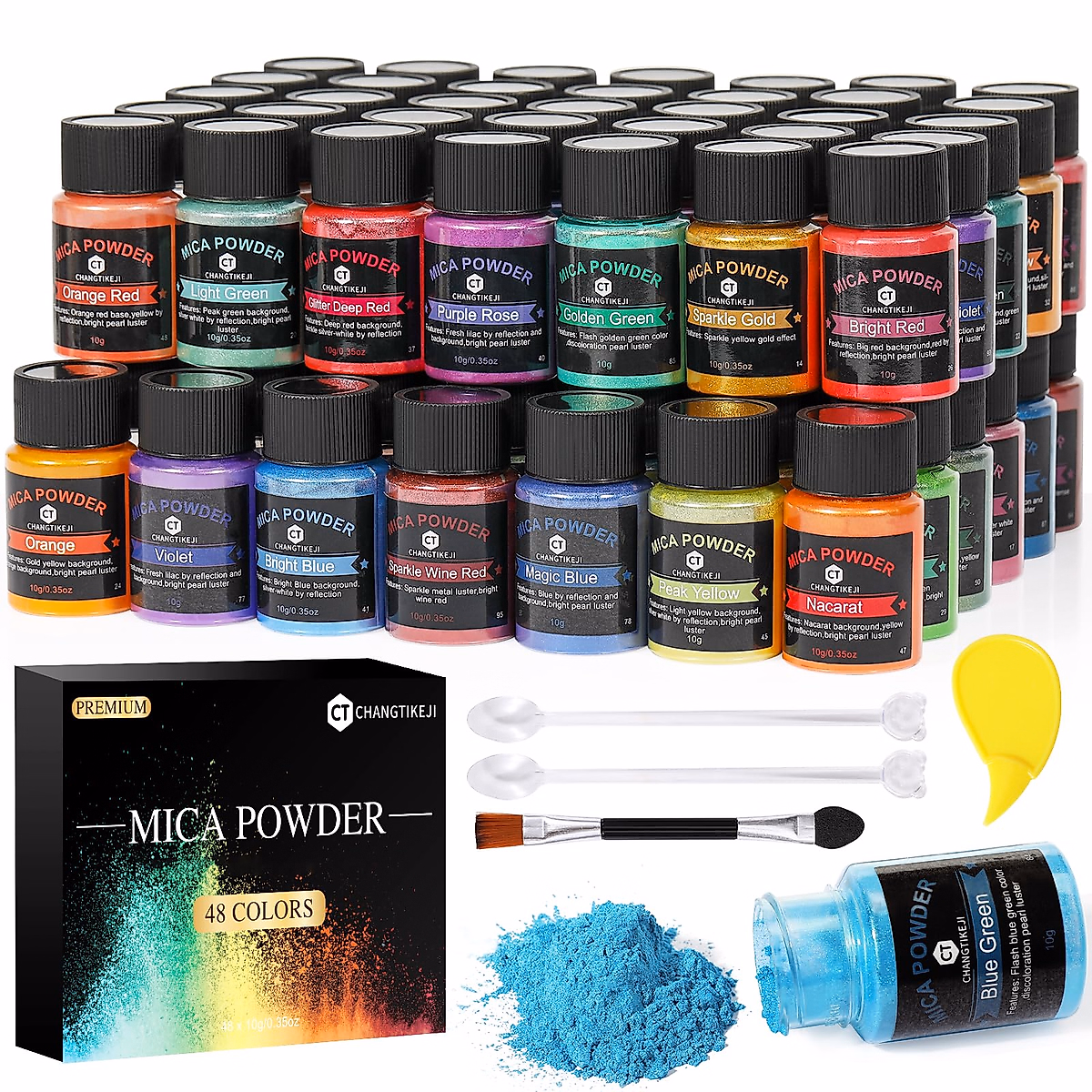 CHANGTIKEJI Mica Powder，48 Colors - 10g/Bottle of Natural Pigment Powder for Epoxy Resin，Soap Making，Candle Making,Lip Gloss,Car Freshies,Dye,Nail Polish,Bath Bombs