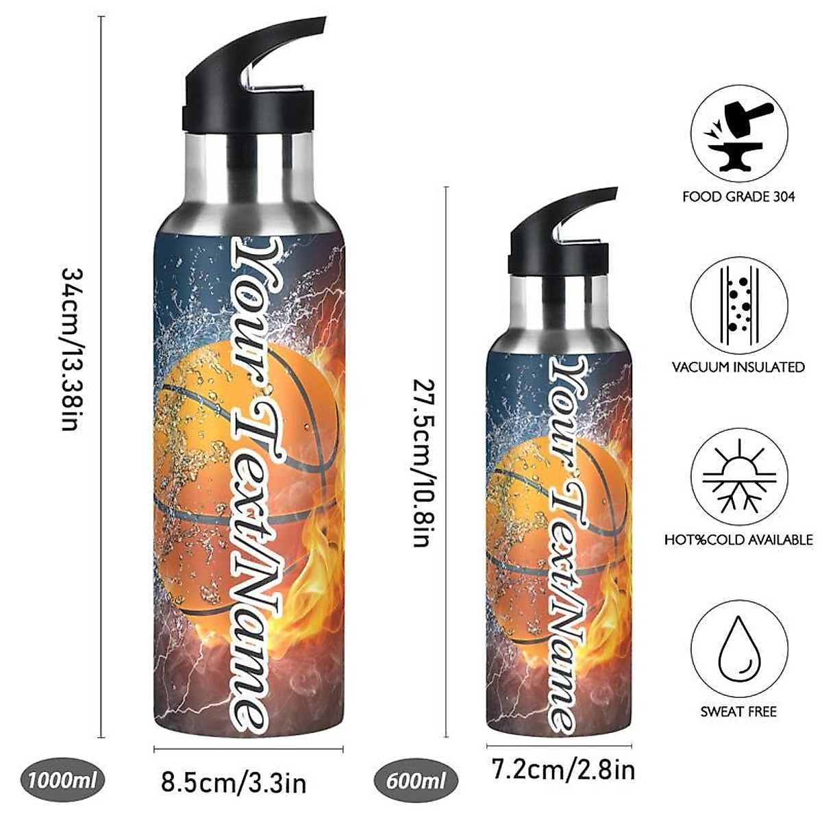 ZOEO Custom Stainless Steel Water Bottle Personalized Name Basketball Fire with Straw Lid Insulated Keeps Hot and Cold Flask Jug for Sports Gym Cycling Outdoor 20 Oz