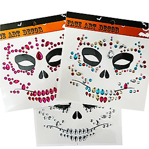 PADOUN Rhinestone Face Jewels, 3-Pack Day of the Died Face Gems Halloween Temporary Face Tattoo, Stick on Hollowing Prank Makeup Costume
