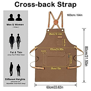 Chef Apron for Men Women with Pockets, Cross Back Apron for Kitchen Cooking Baking Artist Painting, Cotton Canvas Work Aprons for Shop, Garden, Restaurant, Cafe, M to XXL (Brown, 1pc Gift Box Pack)