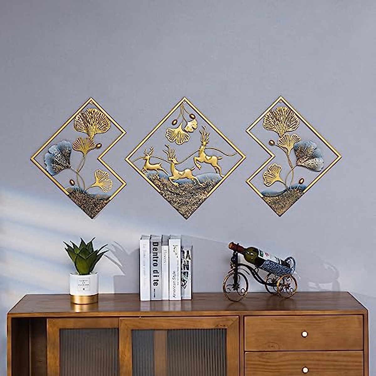 AYOUSENFAN Gold Metal Wall Decor Deer and Leaf Metal Art Wall Decor Design 70x22x0.4 Inch 3D Large Metal Wall Art for Living Room Easy Install Wall Sculptures Home Decor (3Pcs)