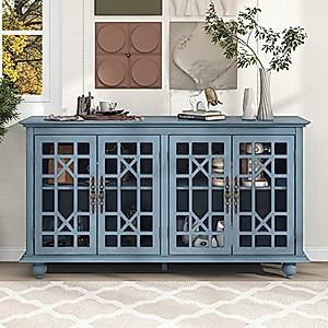 RuiSiSi armhouse 60'' Storage Sideboard Buffet Cabinet with Adjustable Height Shelves for Living Room, Teal Blue