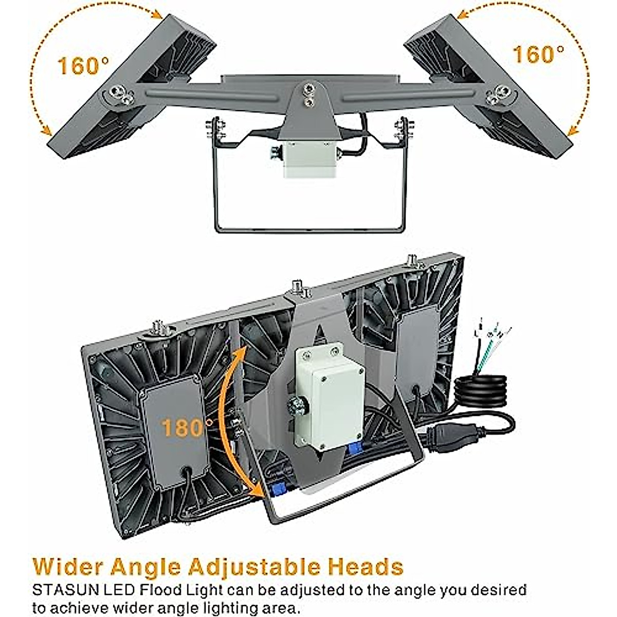STASUN LED Flood Lights Outdoor, 300W 27000LM Dusk to Dawn Security Light with Photocell, IP66 Waterproof, 5000K, 3 Heads Adjustable Wide Outside Lighting for Area Parking Lot, Yard, Street, Stadium