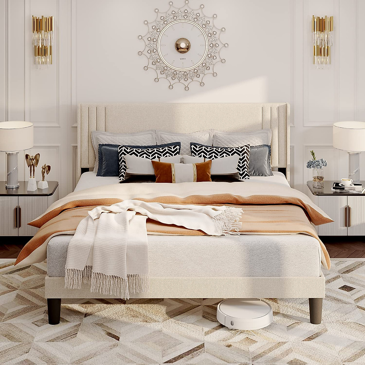 Gizoon Full Bed Frame with Wingback Headboard, Upholstered Platform Bed with Modern Geometric Headboard, Wooden Slats, Noise-Free, No Box Spring Needed