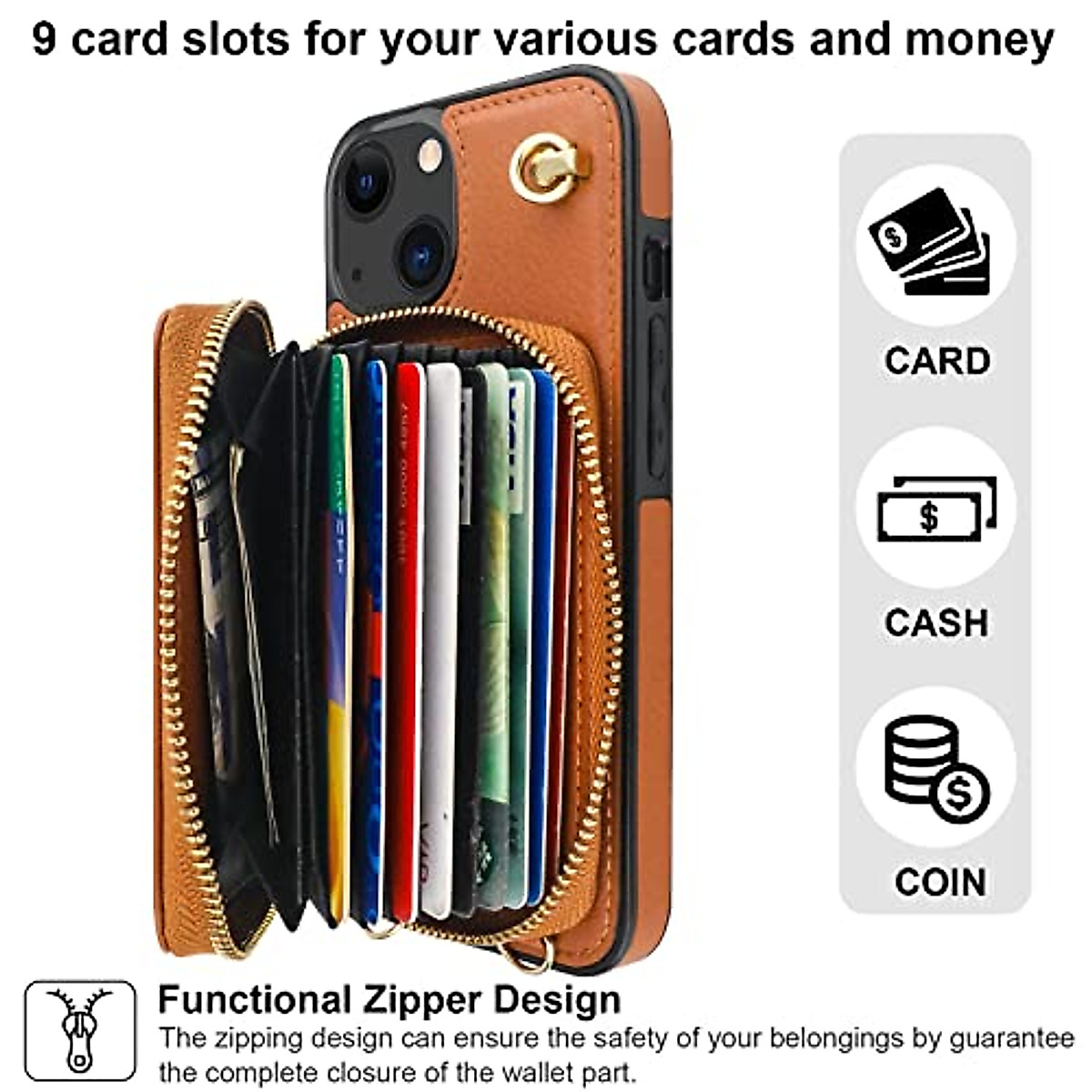 Bocasal Crossbody Wallet Case for iPhone 13, RFID Blocking Leather Purse Case with Card Holder, Protective Handbag Flip Cover with Zipper Wrist Strap Lanyard for Women 5G 6.1 Inch (Brown)