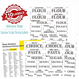 210 Pantry Labels Set for Kitchen Restaurant Storage Organization Water Resistant, 7 Sizes for Food Containers Label Sticker, Jars for Flour, Sugar, Coffee