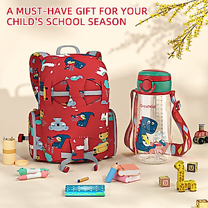 Bunnytoo Water Bottle for Active Children Over 2 Years with Soft Straw, Convenient Handle, and Spill-Proof Design 16oz (Dinosaur,Red)