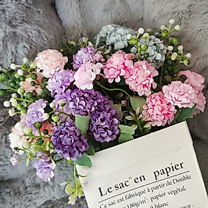 SNAIL GARDEN 40Heads Artificial Hydrangea Flowers, 4Pack Fake Silk Mini Hydrangea with 1 Vase Kraft Paper Bag-Mini Artificial Chrysanthemum Ball Perfect for Home Office Wedding Baby Shower Party Decor