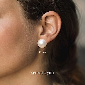 Women Pearl Stud Earrings. Fresh Water Cultured Pearls Button Shape Secret & You | 925 Sterling Silver Mounts | Available in 10 sizes from 4 mm to 13 mm