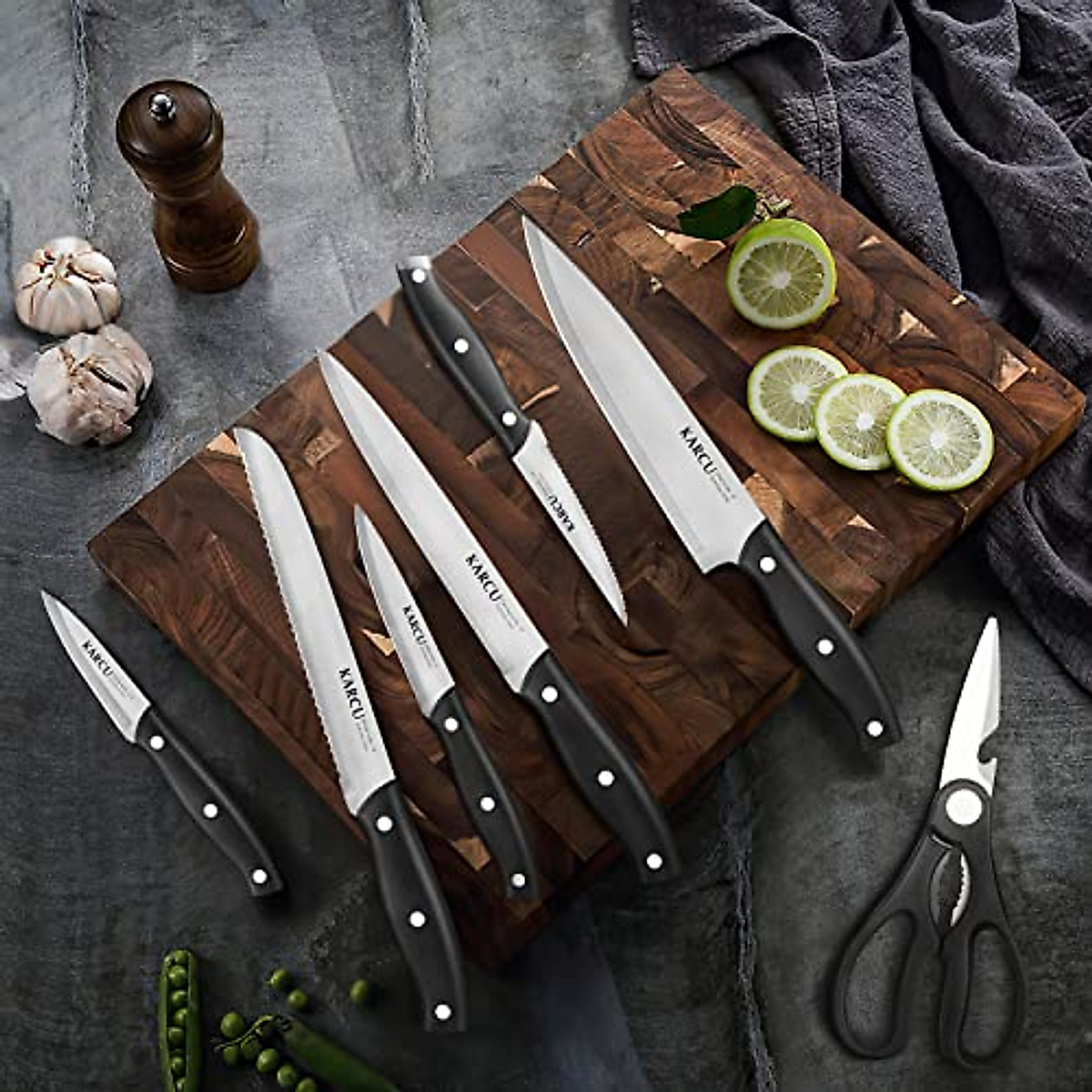 Knife Block Set, Karcu 13-Piece Kitchen Knife Block Set, High-Carbon Stainless Steel Blades with Pine Wood Knife Block